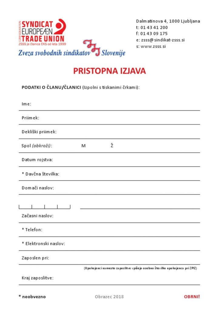 Pristopna izjava, str. 1 - Zveza svobodnih sindikatov Slovenije